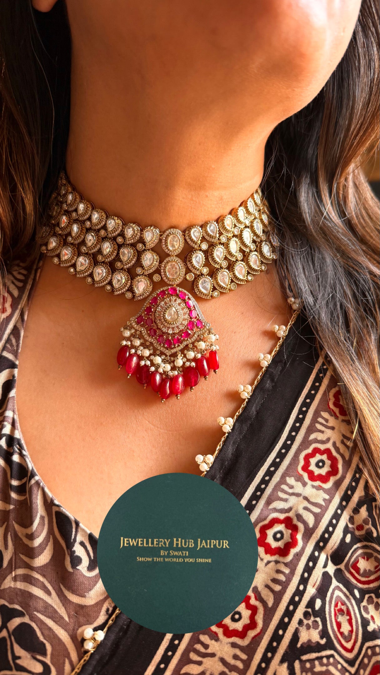 Heritage Ruby victorian triple line choker set – Jewellery Hubb Jaipur